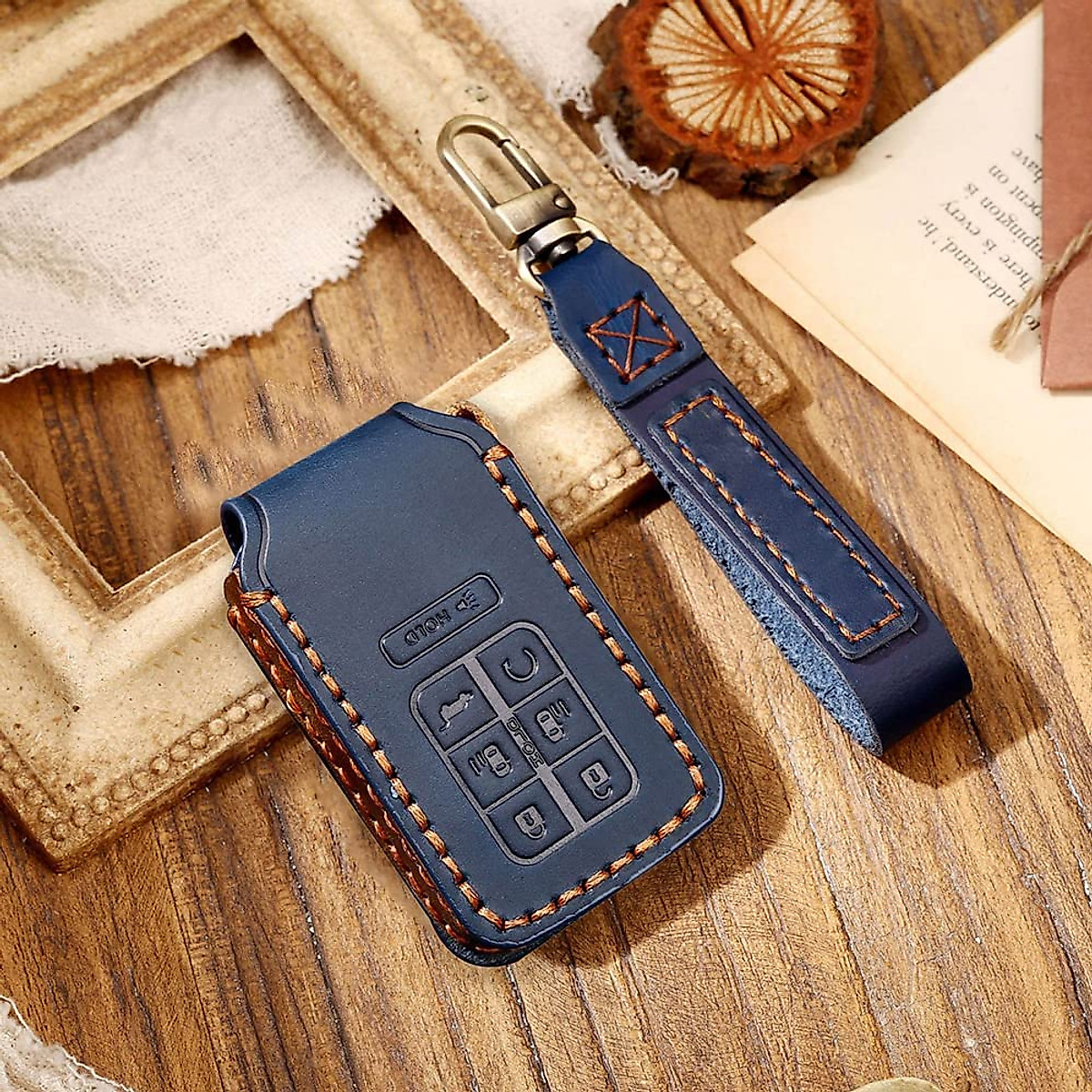 SANRILY Leather Key Fob Case, Blue - Premium Crazy Horse for Honda Odyssey 7 Buttons Smart Key 2018-2022 Keyless Protection, Unisex Accessory