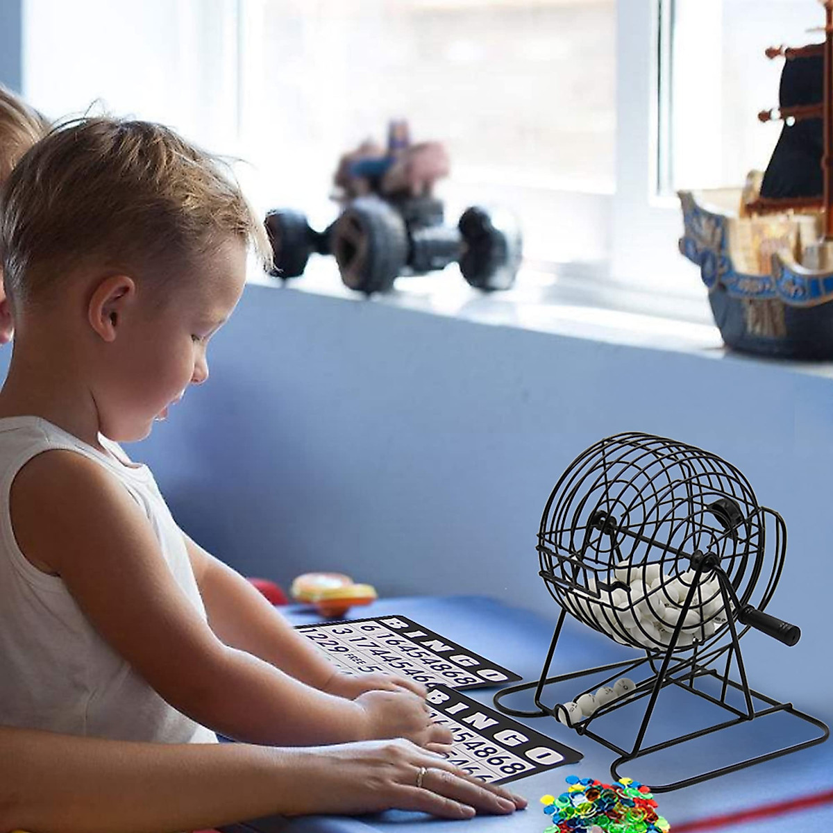 Lulu Home Bingo Game Set , 8 Inch Metal Bingo Cage Include 3/5 Inch White Balls, Bingo Chips, Bingo Board, 18 Bingo Cards, Black