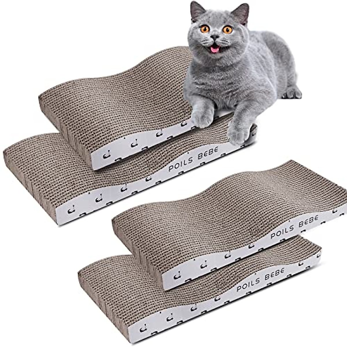Poils bebe Cat Scratcher, Cardboard Reversible Cat Scratching Pad Large Wide Corrugated Modern Sofa Bed with Catnip (Pack of 4)