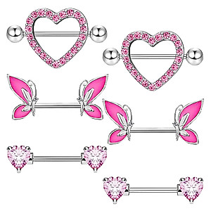 FLOGWE 3Pairs 14G Heart Nipple Rings 316L Stainless Steel Butterfly Nipple Barbell Nipple Barbells CZ Heart Nipple Rings Body Pierced Jewelry for Women…