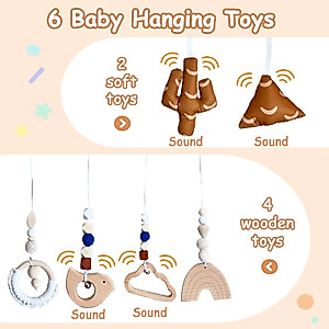 PgUp Wooden Baby Play Gym with Rainbow Mat, Foldable Baby Gym with Soft Playmats & 6 Hanging Toys for Baby Play & Learn, Toddler Activity Center Wooden Play Gym Newborn Gift for Baby Girls and Boys