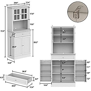 ECACAD Kitchen Pantry with 4 Doors, Drawer & Adjustable Shelves, Wood Storage Cabinet with Acrylic Doors, Freestanding Kitchen Cupboard Floor Cabinet for Living Room, White (29.9”W x 16.9”D x 72.3”H)