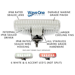 Wave One Marine | Dual Color LED Boat Spreader Light Deck Flood Beam Stainless Hardware & Bracket IP68 Waterproof Multicolor Bright High Lumen Output (White Housing, White & Red)
