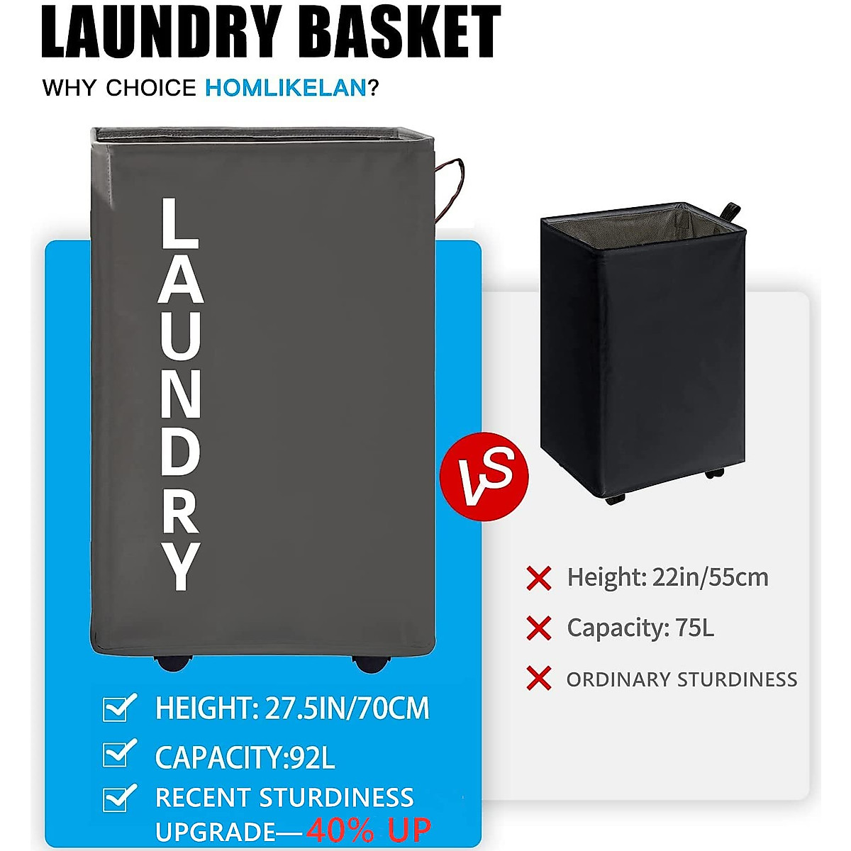 92L Extra Large Laundry Hamper with Leather Handle,Standable Laundry Basket with Wheels Laundry Hamper on Wheels,Large Hamper,Rolling Laundry Basket Grey