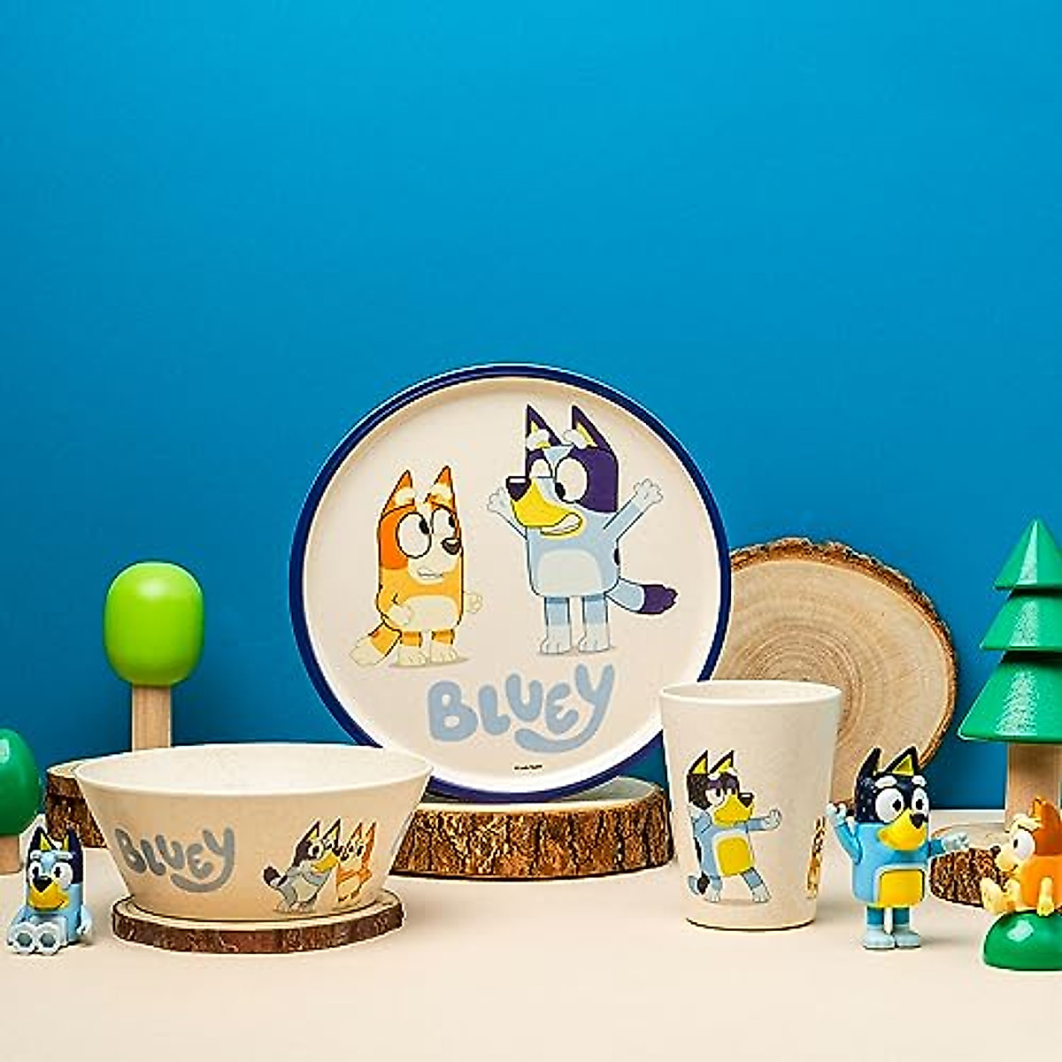 Zak Designs Bluey Kids Dinnerware Set 3 Pieces, Durable and Sustainable Melamine Bamboo Plate, Bowl, and Tumbler are Perfect For Dinner Time With Family (Bluey, Bingo, Bandit, Chilli)