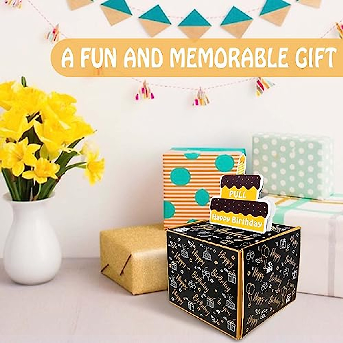 DTESL Happy Birthday Day Money Box for Cash Gift Pull,Money Gift Boxes for Cash,Money Box for Cash Gift Black & Gold Money Holder for Cash with Pull Out Card DIY Set Surprise Birthday Gift Box