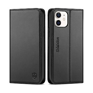 SHIELDON Case for iPhone 11, Genuine Leather Magnetic Wallet Cover Kickstand RFID Blocking Card Slot with TPU Shockproof Protective Cover Compatible with iPhone 11 (6.1 Inch, 2019) - Black