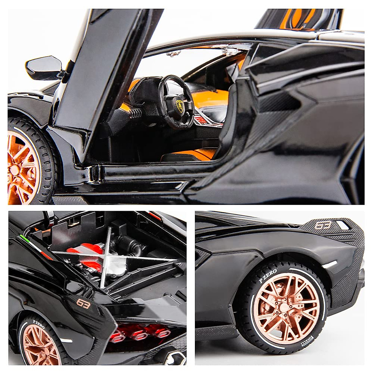 WAKAKAC Model Car Compatible for 1/24 Scale Sian FKP37 Toy Car Collectible Toy Vehicle Pull Back with Light and Sound Toy Car for Boys Adults Girl Gift(Black)