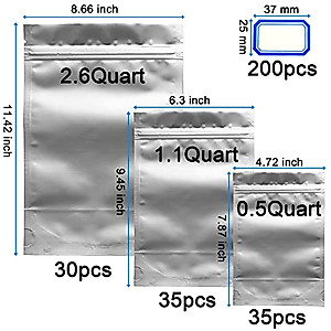100pcs Mylar Resealable Bags for Food Storage with Stickers, Sealable Smell Proof Zip Pouch Bag, Edible Packaging with Double Side Aluminum Foil, 2.6quarts, 1.1quarts, 0.5quarts