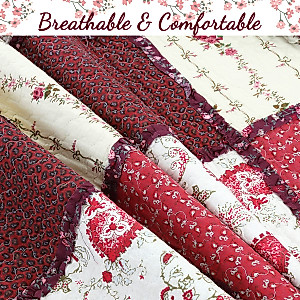 Cozy Line Home Fashions 100% Cotton True Patchwork Reversible Red Floral Paisley Rag Ruffle Farmhouse Quilt Bedding Set, Coverlet Bedspread (Rose Vintage, King - 3 Piece)