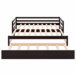 Merax Modern Wood Daybed with Pop Up Trundle Twin to King Triple Sofa Bed Frame for Kids Teens Adults/No Box Spring Needed Espresso