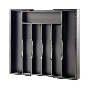 ORIDOM Expandable Bamboo Kitchen Drawer Organizer for Cutlery and Utensils, Adjustable Bamboo Wood Cutlery Tray in Drawer for Flatware and Silverware in Kitchen, 5-7 Slots, (Black)
