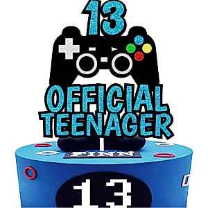 13th Official Teenager Cake Topper Decorations - Birthday Theme Picks Cheers To 13 Years Old Game Party Decoration Handmade Black Gold Red Blue Glitter- LIANGSS
