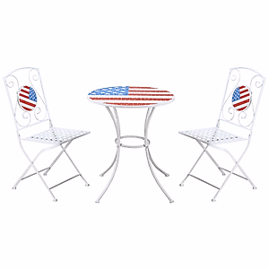 Outsunny 3 Piece Patio Bistro Set, Folding Outdoor Furniture with USA Mosaic Table and Chairs, Portable Metal Frames for 4th of July, Balcony, Backyard, Poolside, Porch, American Flag
