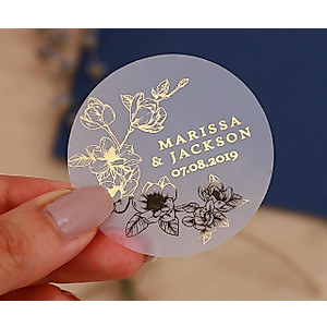 XOXOKristen Custom Wedding Stickers for Favors, Clear Wedding Envelope Seals, Gold Wedding Stickers for Favors, Personalized Floral Rose Gold Wedding Favors Stickers Labels, Custom Name Stickers