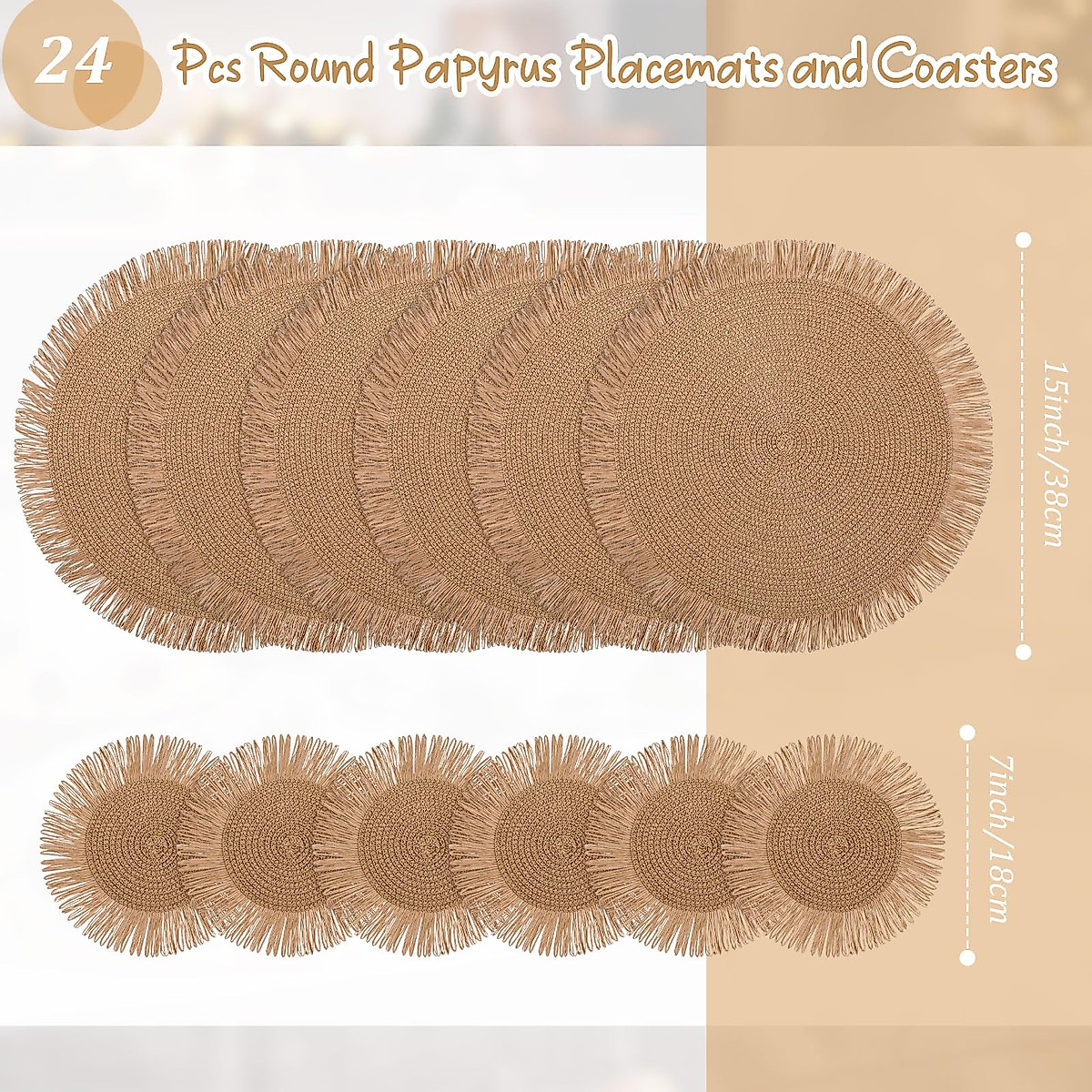 Tioncy 24 Pcs (12 Sets) Round Boho Woven Paper Placemats and Braided Coasters 12 Pcs 15 Inch Heat Resistant Table Mats 12 Pcs 7 Inch Non Slip Drink Coaster for Wedding Kitchen Dining Party Banquet