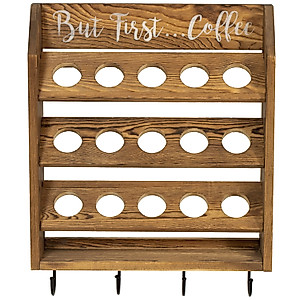 MyGift Wall Mounted Rustic Burnt Solid Wood Coffee Pod Holder for K Cups Espresso Pod Storage Rack and Coffee Mug Holder with 4 Hooks and But First Coffee Quote