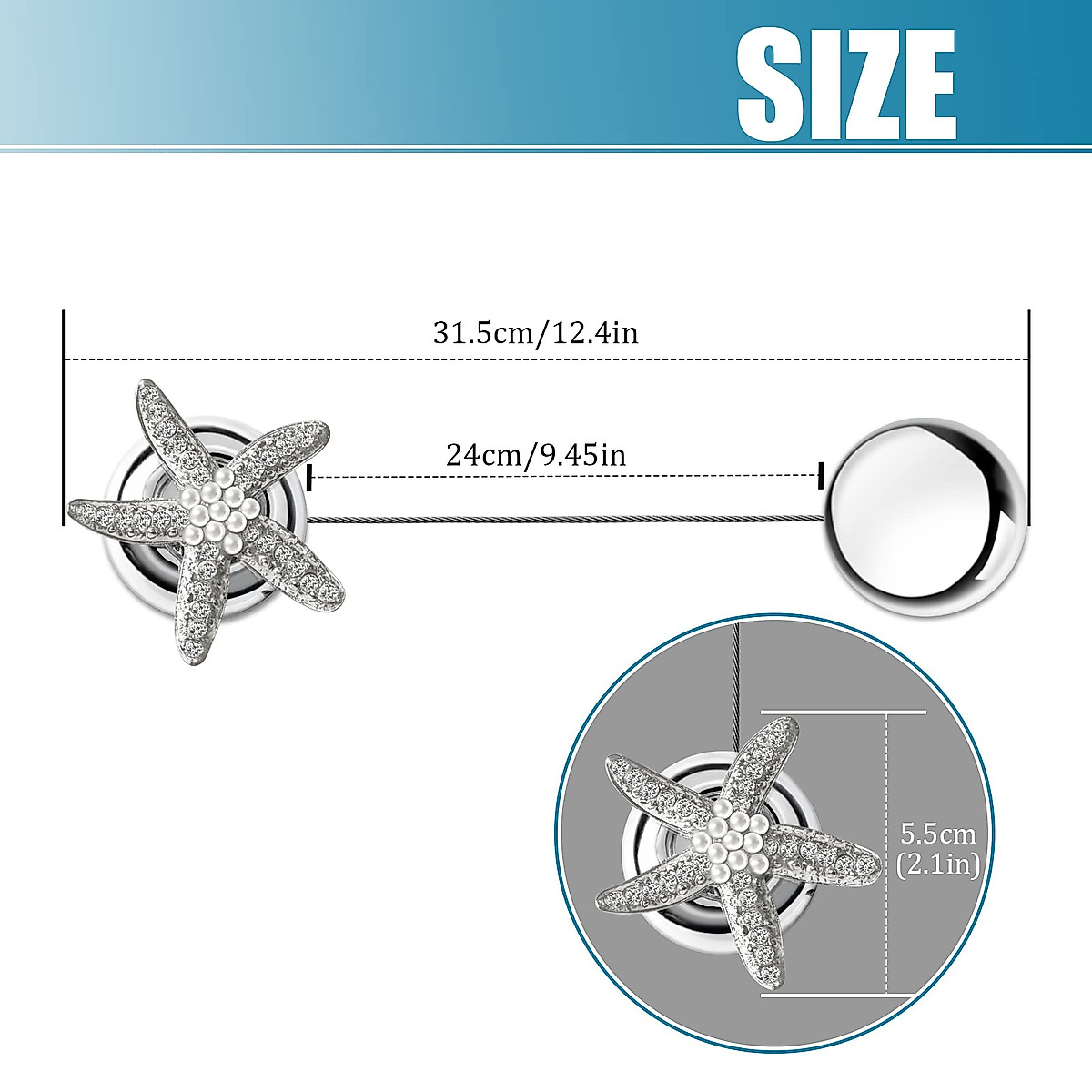 KOLAKO Curtain Tiebacks, Magnetic Curtain Holdbacks Silver Crystal Drapery Magnet Pearl Decorative Modern Curtain Buckle Starfish Metal Curtain Holders No Drill, Ties Backs for Curtains 4 Pack