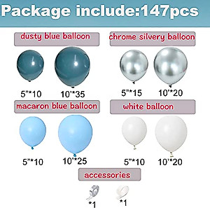 Dusty Blue Balloon Garland Arch Kit 145pcs Slate Blue White Silvery Chrome Latex Balloons for Boy Birthday Baby Shower Bridal Shower Anniversary Party Decorations