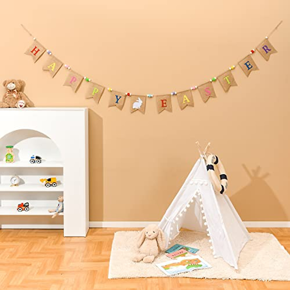 Happy Easter burlap banner decoration,Easter decorative garland,Easter decor bunny sign,Easter décor For party, Easter Bunny Banner Gift for Kids hung on the wall outside