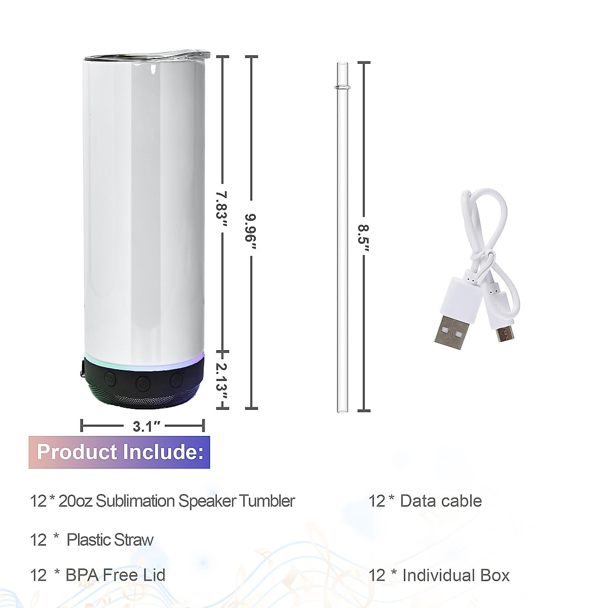 Icesip 12 Pack Music Speaker Tumbler, 20 oz Sublimation Tumbler Skinny Straight Double Wall Music Speaker Tumbler Cup with Straw Lid & USB Charging Cable Balck