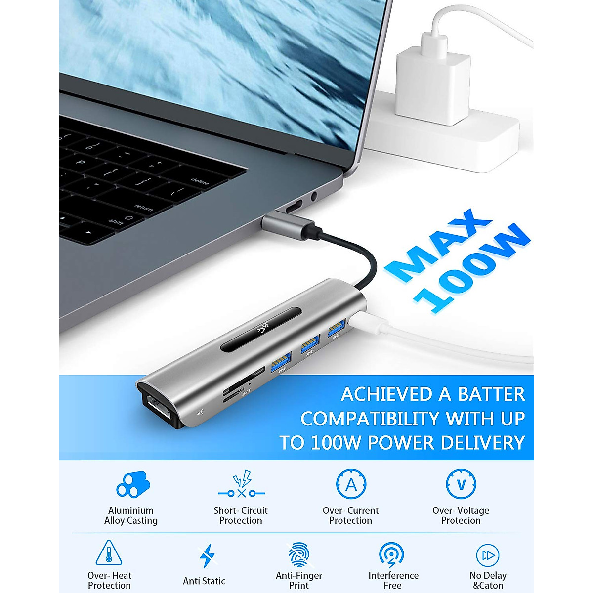 USB C Hub, 7 in 1 USB C to 4K HDMI Adapter with 100W Power Delivery, 3 USB 3.0 Ports, SD/TF Card Readers for MacBook/Pro/Air/iMac/iPad Pro and Type C Laptops Chromebook