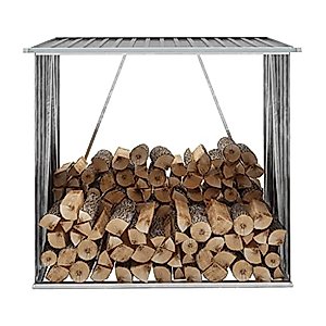 loibinfen Garden Log Storage Shed Galvanized Steel, Multi-Use Shed with Firewood Storage, Firewood Storage Rack Metal for Garden, Farm, Backyard, Lawn, 64.2"x32.7"x60.6" Gray