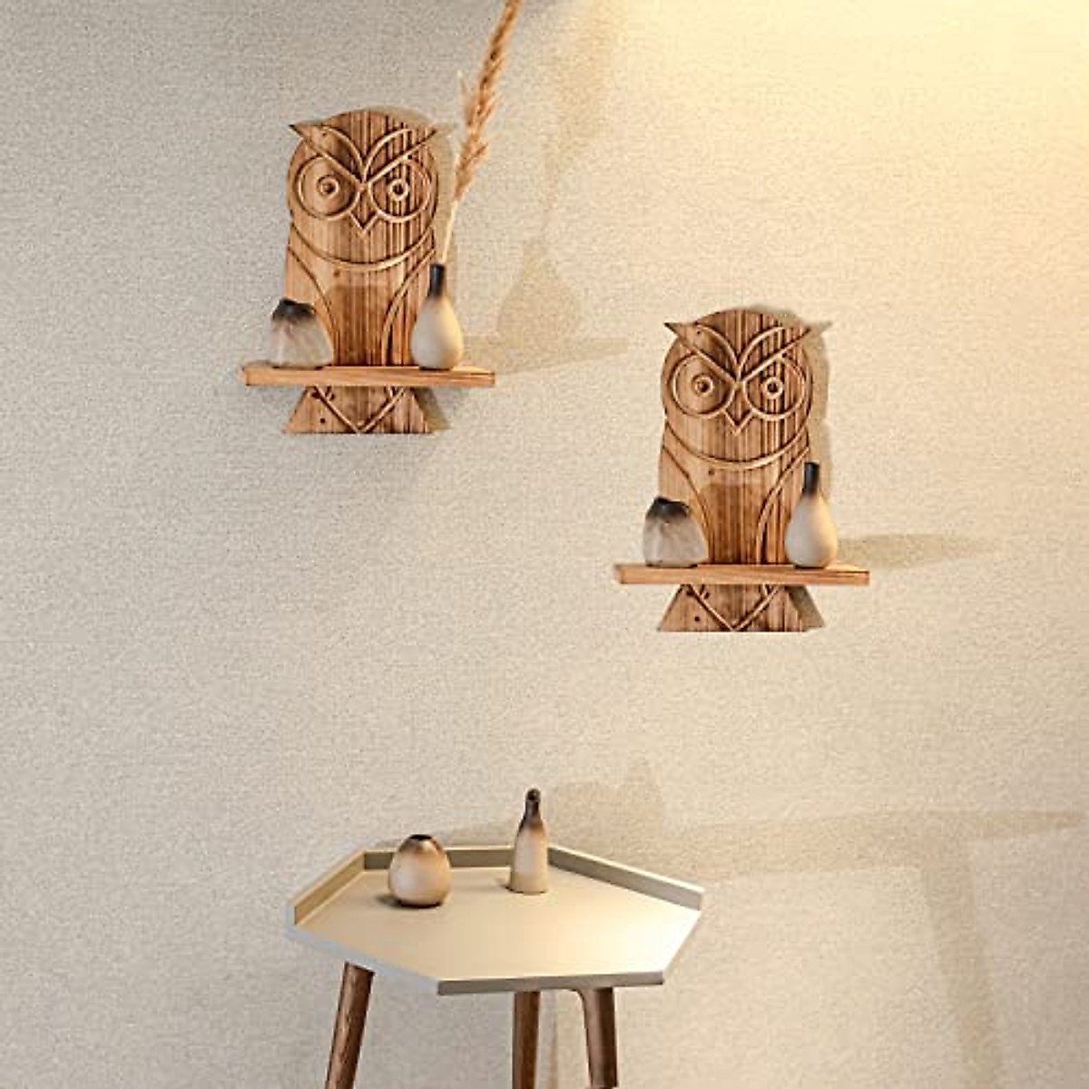 ALONLIENGU Floating Shelves Wall Mounted, Wood Hanging Shelf for Bedroom Living Room Bathroom Kitchen, Owl Animal Shape (Torched Wood)