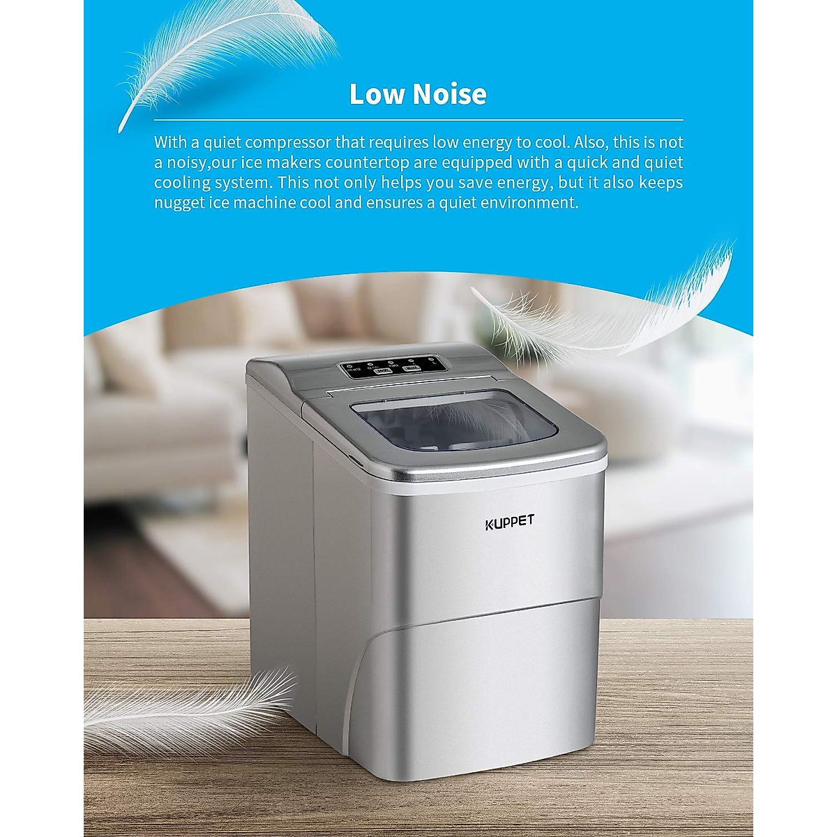 KUPPET Ice Maker Machine for Countertop, Portable Automatic Ice Maker with LCD Display, 9 Ice Cubes Ready in 6min, 26 lbs/Day - for Parties/Home/Office/Bar, Ice Scoop and Basket (Silver)