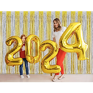 Melsan Gold and Silver Tinsel Curtains - 3.2ft X 8ft Foil Fringe Curtain Photo Backdrop for New Year Eve, Anniversary, Graduation, Birthday Party Backdrop - 4 Packs