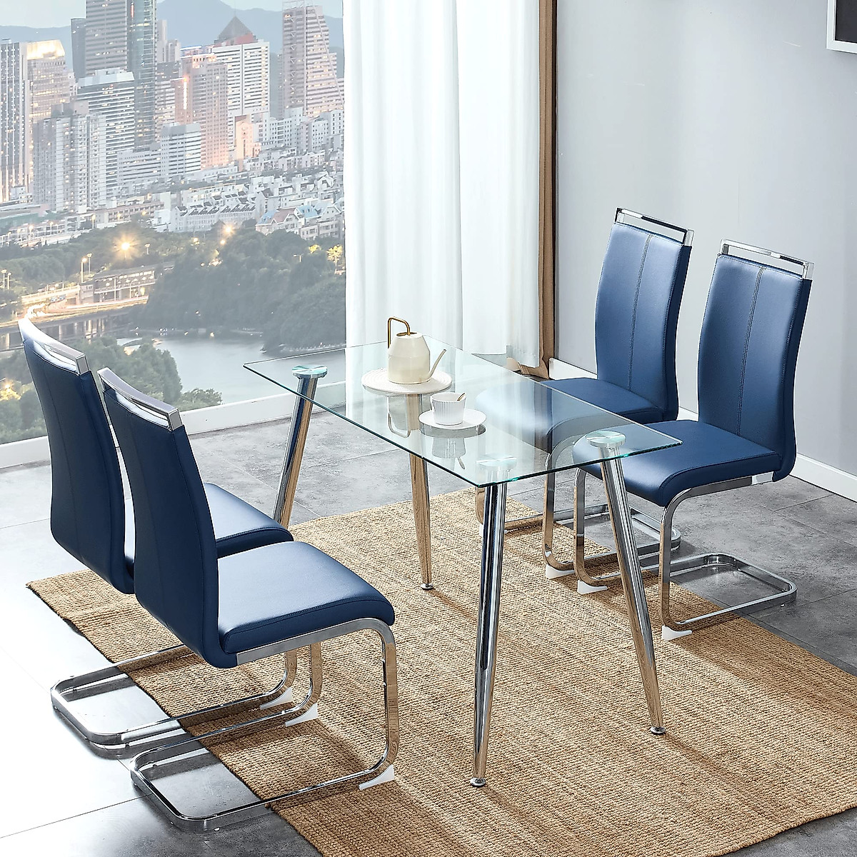 POULEII Dining Chairs Set of 4, Upholstered Dining Chairs with C-Shaped Tube Chrome Legs and Faux Leather Padded Seat for Dining&Kitchen Room,Blue