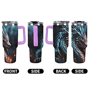 LLUTSNTH 40 Oz Vacuum Tumbler with Violet Handle Leakproof Insulated Tumbler Dragon Stainless Steel Travel Mug with Lid And Straw Coffee Cup Cute Water Bottles Cup Holder Friendly