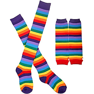 Chalier Womens Rainbow Striped Knee Thigh High Socks Arm Warmer Fingerless Gloves 2 Pairs(rainbow Set) One Size