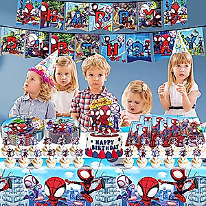 Spider and His Amazing Friends Birthday Party Supplies，Spider Theme Party Decorations With 20 Plates 10 Paper Towels 1 Tablecloth 1 Set of Banners and Cake Inserts， for Fans SPlDERMER Party Supplies