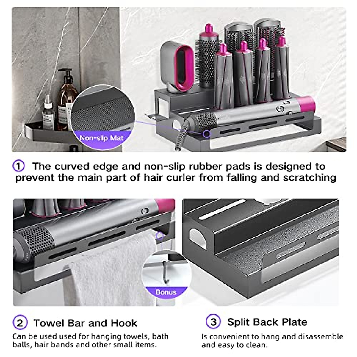 Wall Mount Holder for Dyson Airwrap Styler Curling Iron Accessories, 8-Holes Adhesive Bracket Organizer for Curling Barrels Brushes, Storage Rack Stand for Home Bathroom Hair Salon Barber Shop (Gray)