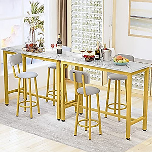 AWQM Bar Table Set of 2,39.3" Faux Marble Table Top & 2 PU Upholstered Stools with Backrest,3 Piece Industrial Pub Height Table Set,for Living Room,Kitchen,Bar,White & Gold & Grey