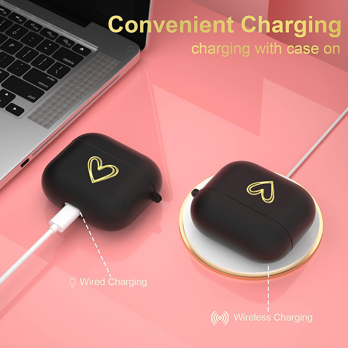 Aiiko for Airpod Case 3rd Generation with Cute Rabbit Lucky Ball Keychain Golden Heart Pattern Soft TPU Shockproof Protective Airpod 3 Case Cover for Girls Women-Black