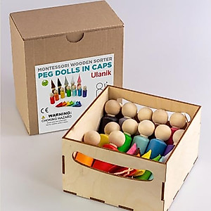 Ulanik Peg Dolls with Hats Toddler Montessori Toys for 3 Year Old + Kids Wooden Waldorf Dolls for Learning Color Sorting and Counting — 12 Gnomes, 2.36 in