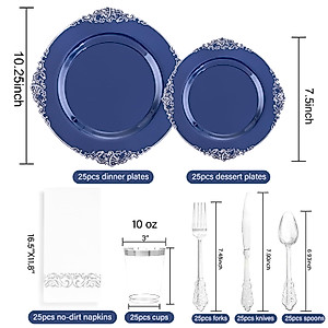 Hioasis 175pcs Blue Plastic Plates - Blue and Silver Plastic Plates Disposable Include 25 Dinner Plates,25 Dessert Plates,25 Knives,25 Forks,25 Spoons,25 Napkins Perfect for Wedding & Parties