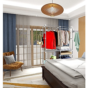 Garment Freestanding Clothes Organizer Closet, Metal Hanging Storage Organizer Rack Wardrobe with Shelves& Hanging Rods,Clothes Hanger Organizer (Grey)