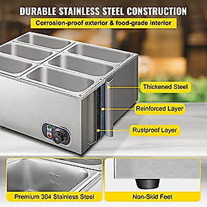 VEVOR 110V 6-Pan Commercial Food Warmer 850W Electric Countertop Steam Table 15cm/6inch Deep Stainless Steel Bain Marie Buffet Large Capacity 6x7 Quart, Silver
