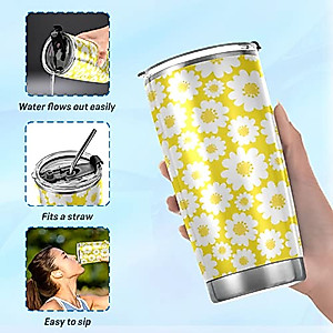 ALAZA White Daisy Flower on Yellow Insulated Travel Tumbler Mug with Lid & Straw Double Wall Vacuum Water Bottle Car Cup Stainless Steel, Hot and Cold Thermos, 20oz