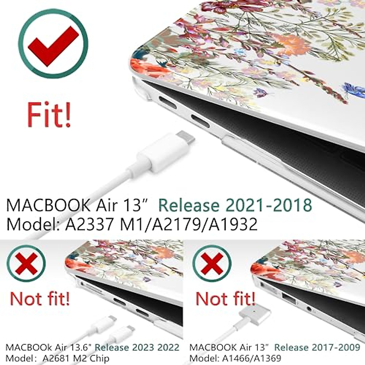 DONGKE Compatible with MacBook Air 13 inch Case 2021 2020 2019 2018 Release A2337 M1 A2179 A1932 with Retina Display & Touch ID, Plastic Hard Shell & Keyboard Cover - Floral Illustration