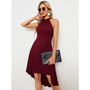 Ever-Pretty Women's Halter Neck Pleated Sleeveless High Low A-Line Midi Cocktail Dresses Burgundy S