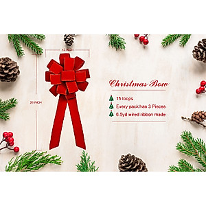 3pcs Red Velvet Ribbon Christmas Bows with Gold Wire, Handmade(26”x 12”) Large Ribbon Bows, Thanksgiving / Christmas Tree Topper, Garland/ Wreath Bow, Tree Topper, Wired Red Christmas Bows