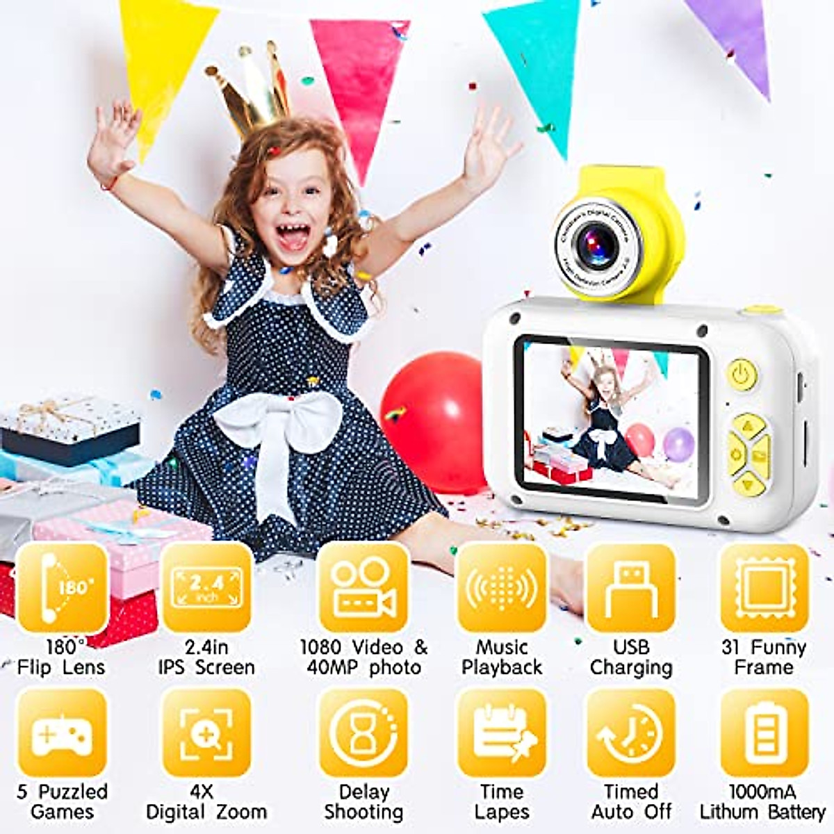 Kid Camera,ARNSSIEN Camera for Kid,2.4in IPS Screen Digital Camera,180°Flip Len Student Camera,Children Selfie Camera with Playback Game,Christmas/Birthday Gift for 4 5 6 7 8 9 10 11 Year Old Girl Boy