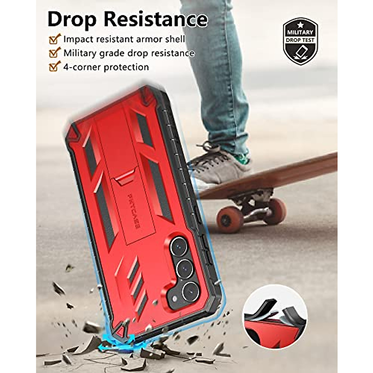 FNTCASE for Samsung Galaxy S23+Plus Case: Dual Layer Protective Textured Cover & Rugged TPU Shell with Kickstand | Military Grade Drop Protection | Heavy Duty Cell Phone Protector(Red)