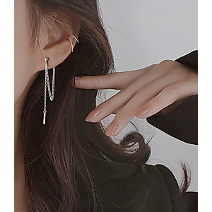 SLUYNZ Solid 925 Sterling Silver Bar Dangle Earrings for Women Minimalist Dangle Earrings Threader Chain (A-Silver)