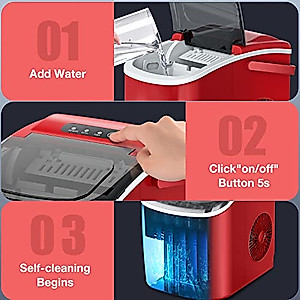 Ice Maker Countertop, Fast Ice Making in 6 Mins 9 Bullet-Shaped Ice, 26.5lbs/24Hrs, Portable Ice Maker Machine with Self-Cleaning, Ice Scoop, Ice Bags and Basket, for Home/Kitchen/Office/Bar/Party