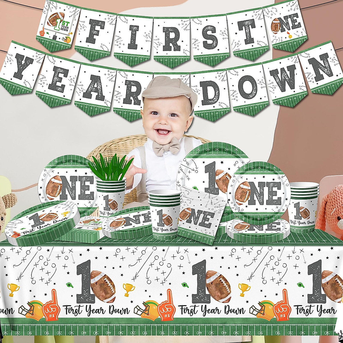 142Pcs First Year Down Football Birthday Party Decorations Football Tableware Set with Plates Napkins Cups Tablecloth and Banner First Year Down Birthday Party Decorations Football Party Decorations